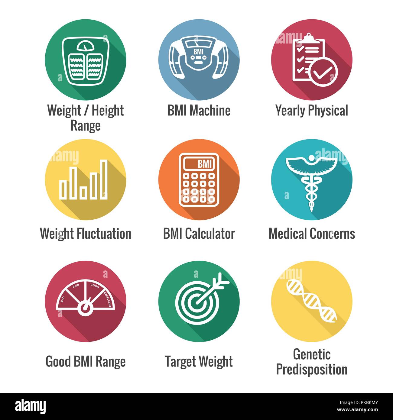 BMI - Body Mass Index Icon Set with BMI Machine, a weight scale, etc ...