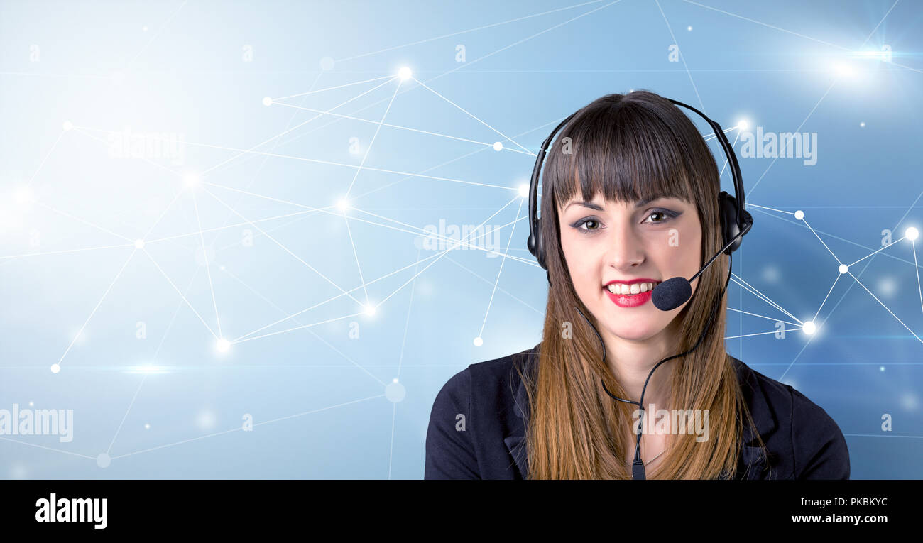 Young female telemarketer with blue background and connectivity concept ...