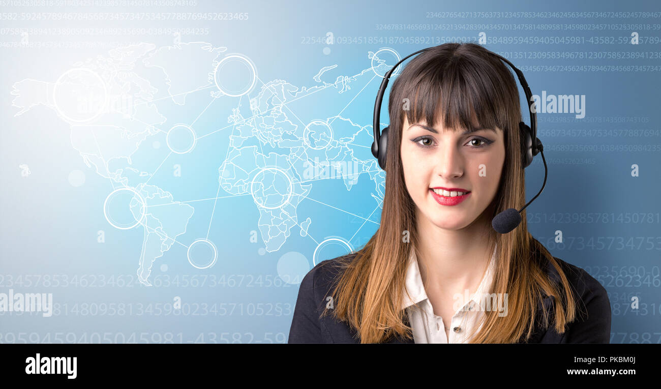 Young female telemarketer with blue background and world map and ...