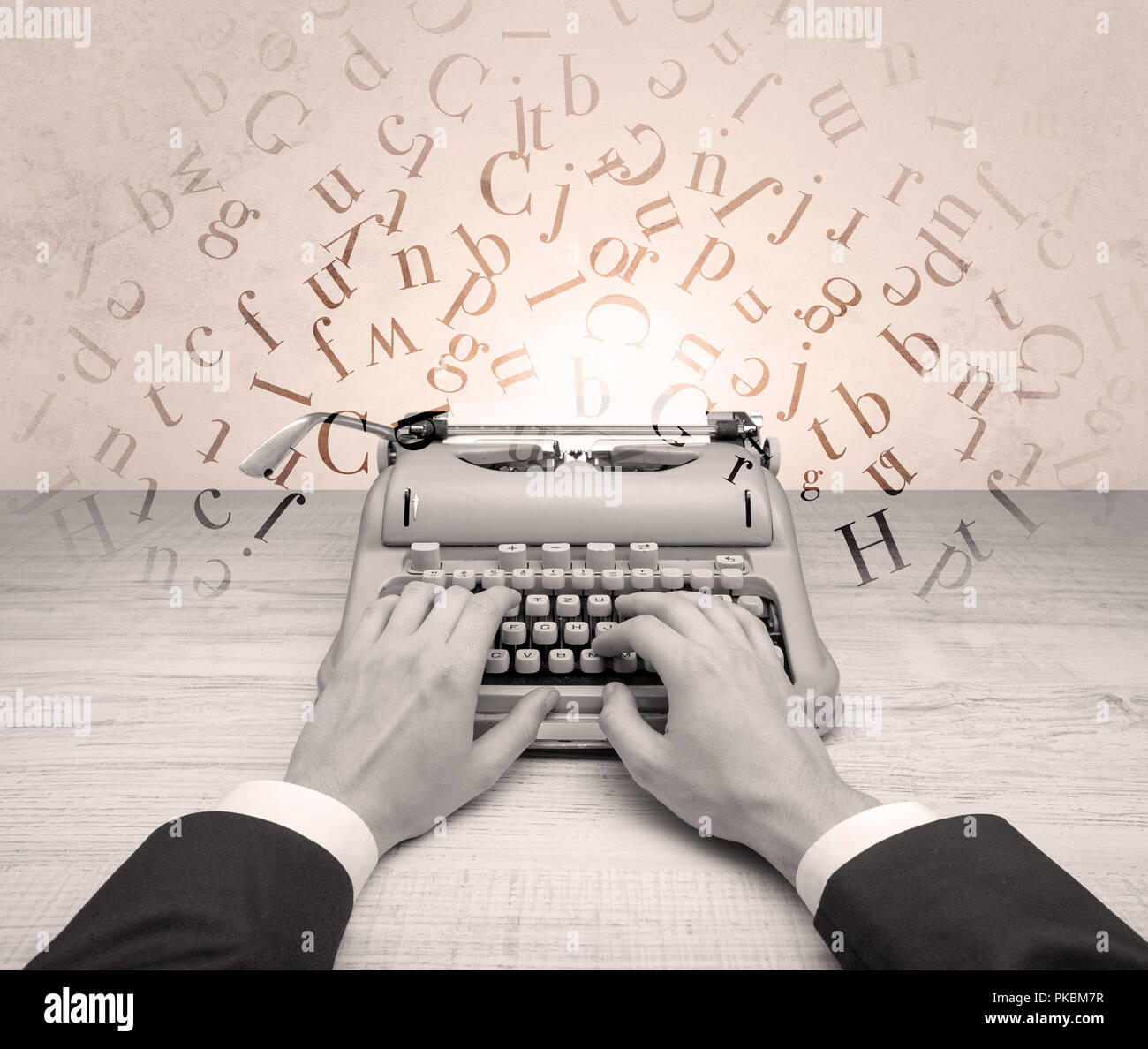 First person perspective elegant hand writing on typewriter with flying ...