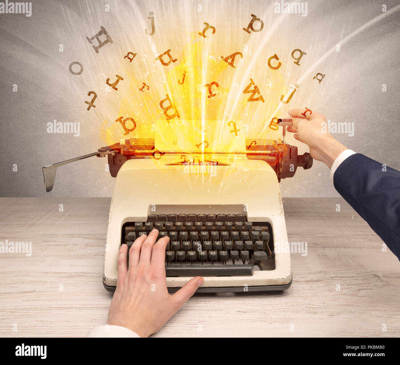 First person perspective image with exploding letters from a vintage ...