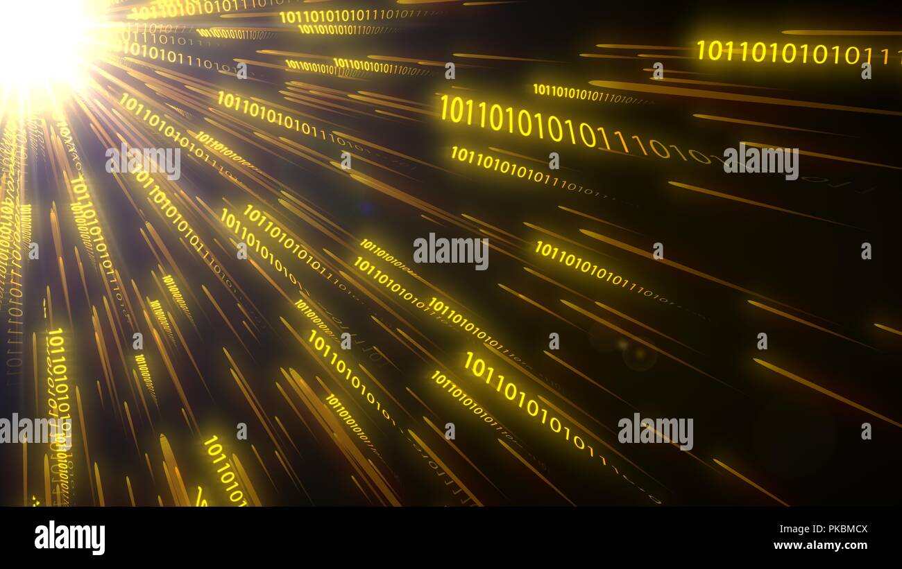 computer binary code chains moving to cpu. conceptual 3d illustration ...