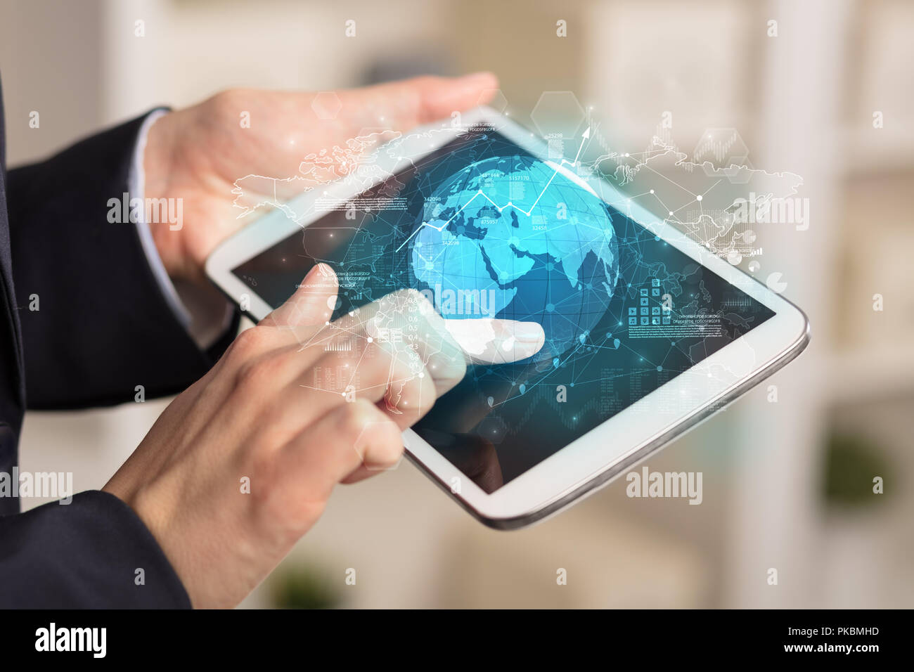 Working business woman with global reports and stock market change ...