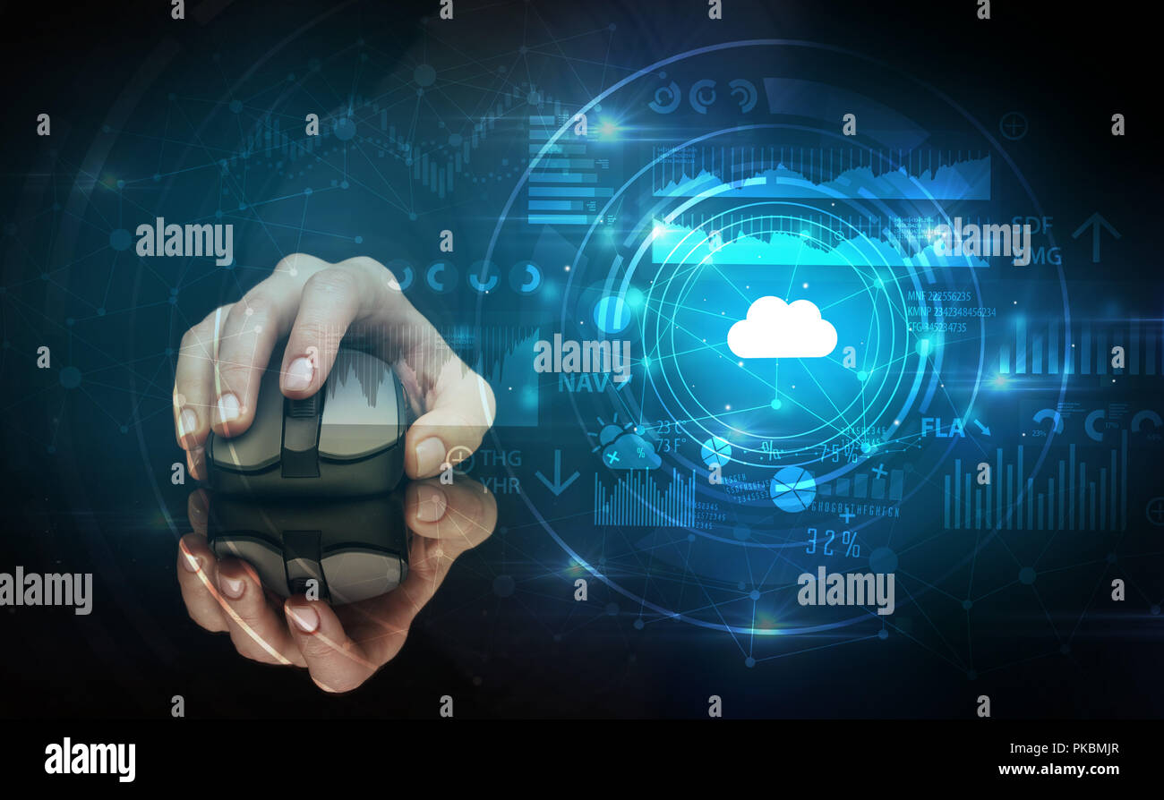 Hand using wireless mouse with cloud technology concept and dark ...