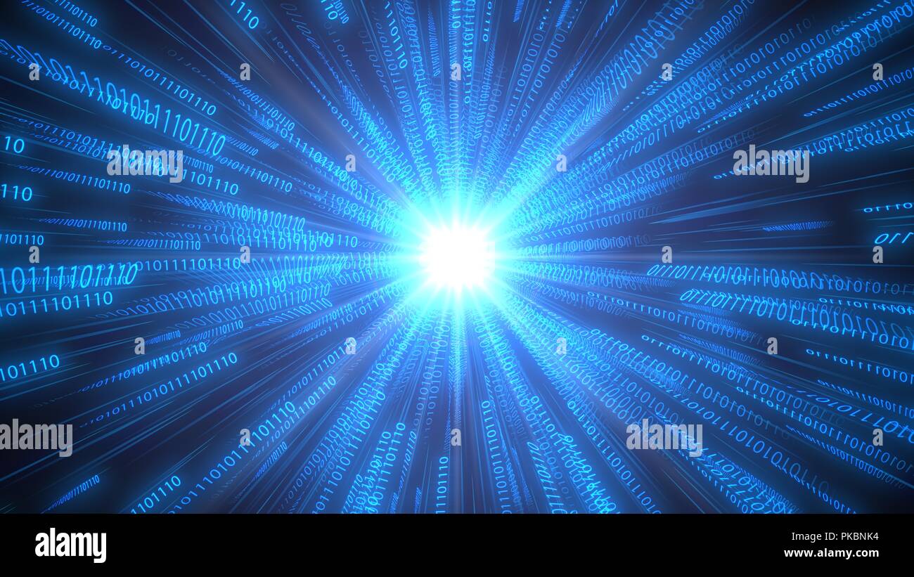 computer binary code chains moving to cpu. conceptual 3d illustration ...