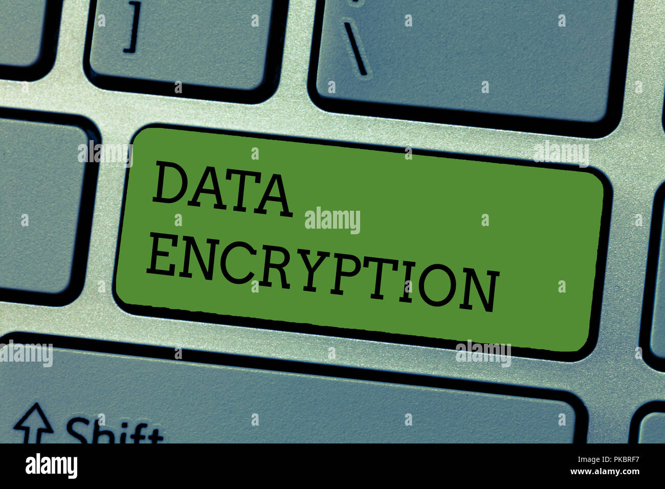 Writing note showing Data Encryption. Business photo showcasing Symmetric key algorithm for the ...