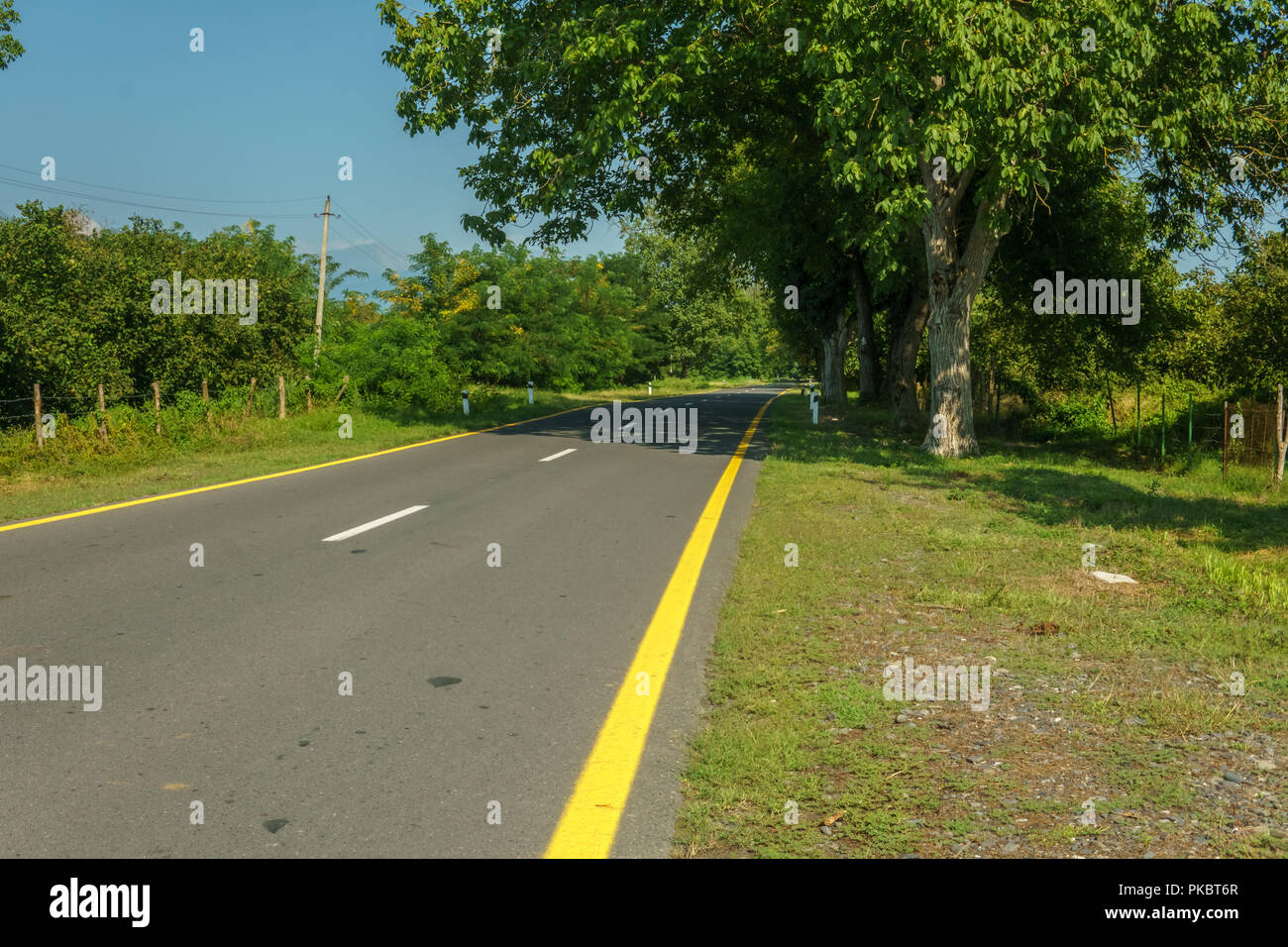 Highway asphalt way with green grass and trees Stock Photo - Alamy