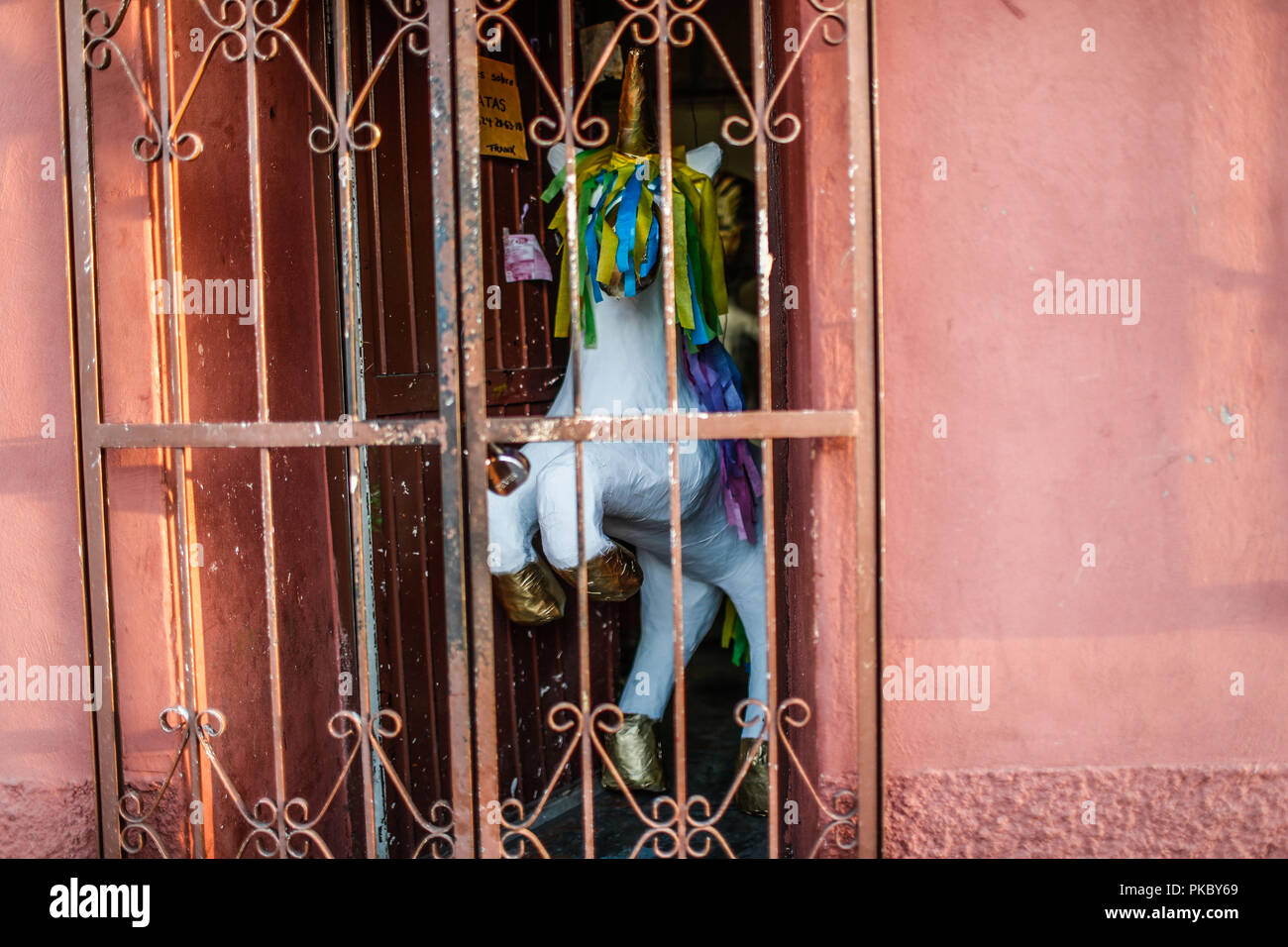 paper piñata in the shape of a unicorn enclosed behind the steel bars ...