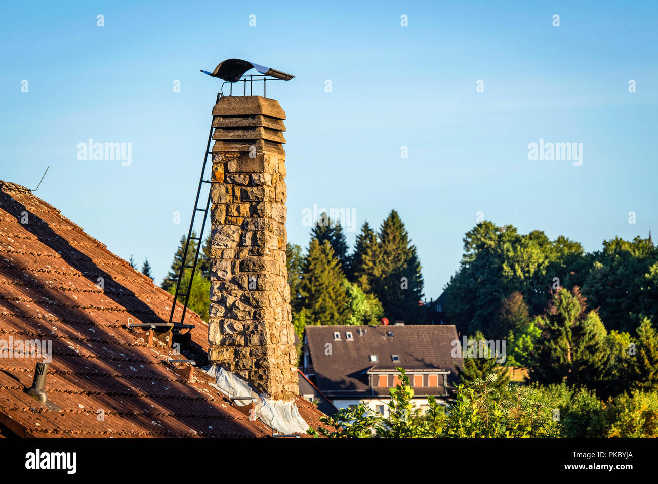 Old chimney with a ladder on a roof in the morning sun Stock Photo - Alamy