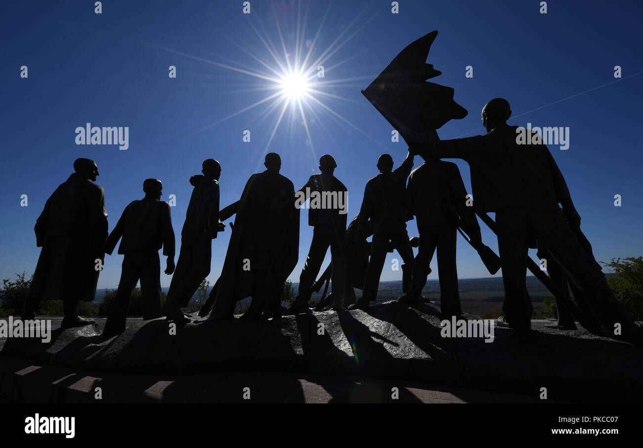 12 September 2018, Thuringia, Weimar: The sculpture of the Buchenwald ...