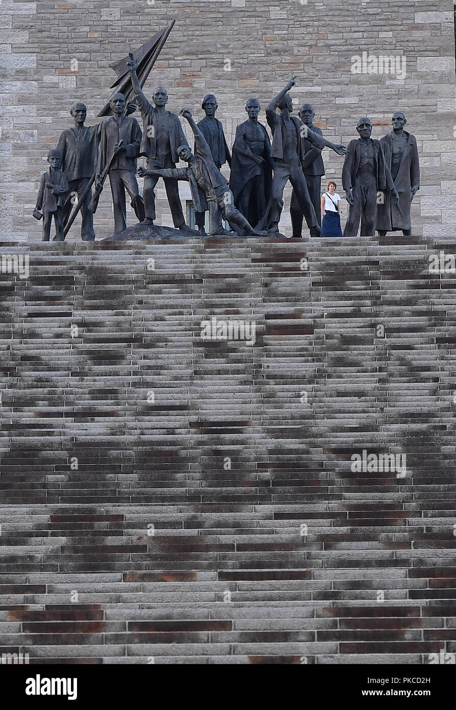 12 September 2018, Thuringia, Weimar: The sculpture of the Buchenwald ...