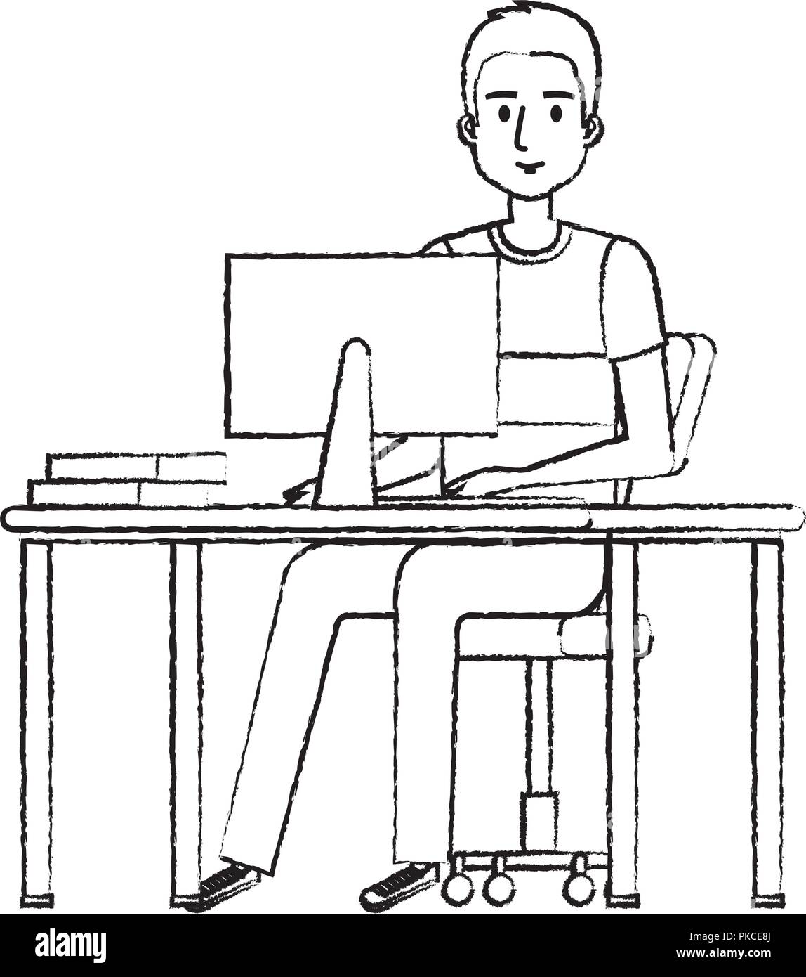 young man at desk with computer Stock Vector Image & Art - Alamy