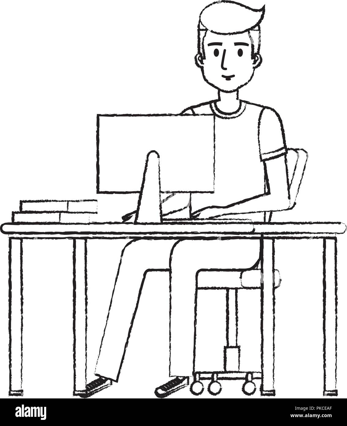 young man at desk with computer Stock Vector Image & Art - Alamy