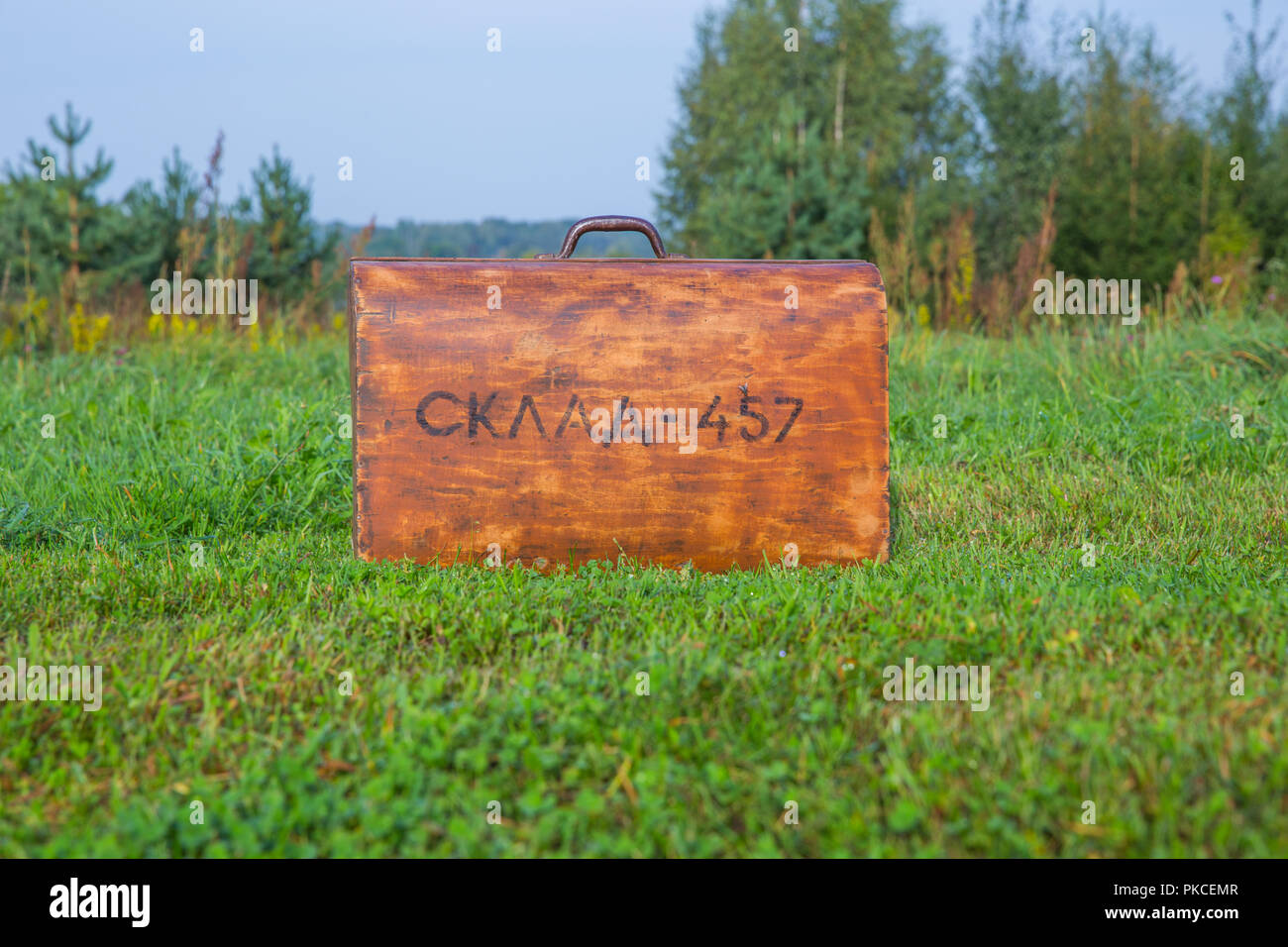 City Kraslava, Latvia. Old woden retro suitcase and nature. Travel ...