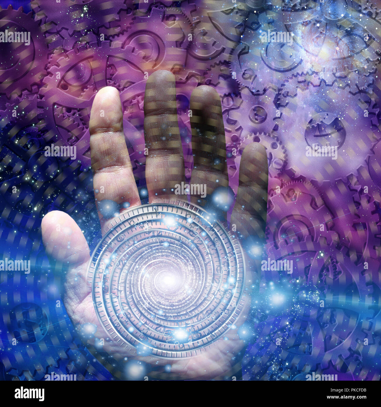 Hand with time vortex and gears. Space stars background Stock Photo - Alamy