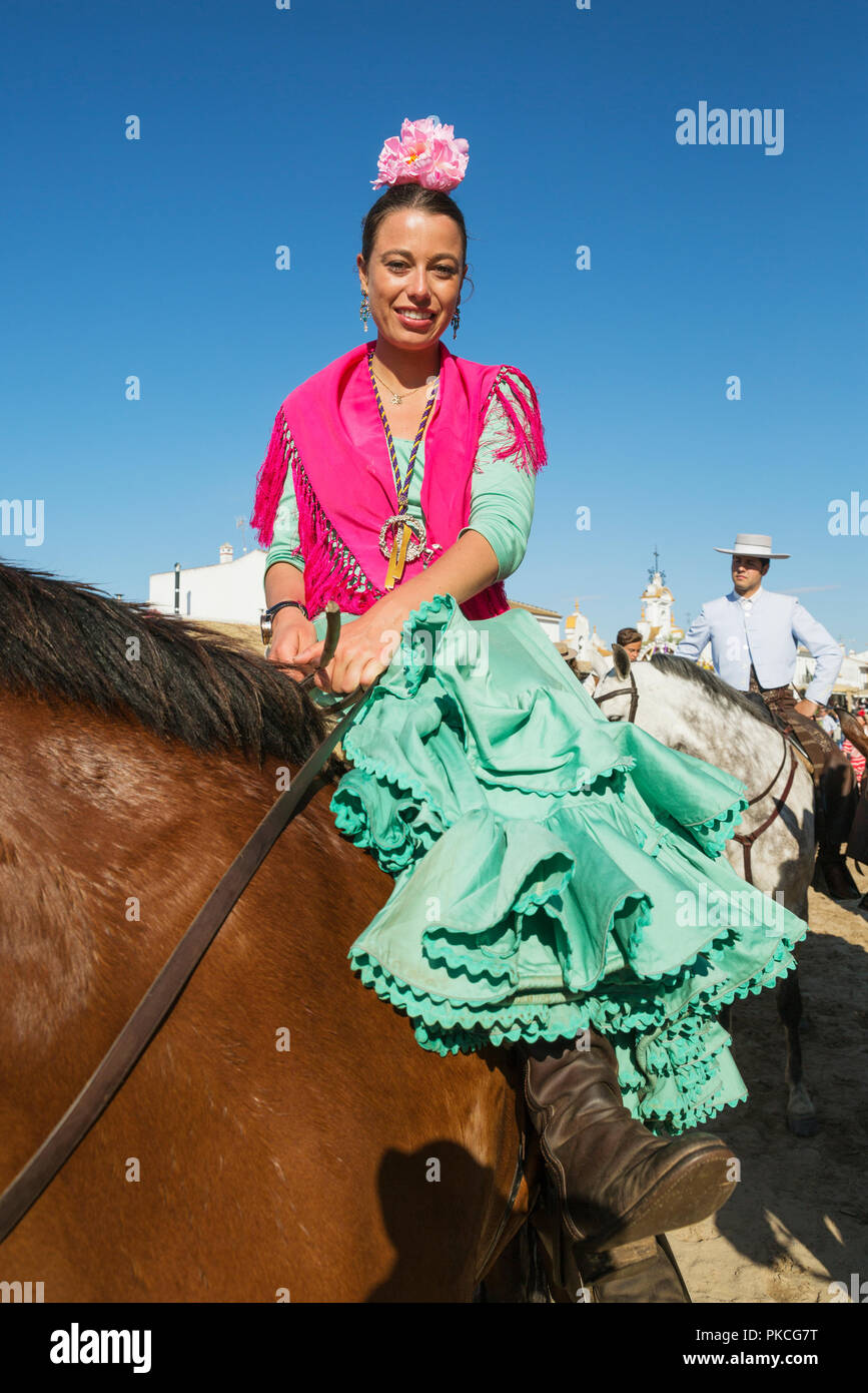 Horsewoman wearing a colourful gypsy dress, Pentecost pilgrimage of El ...