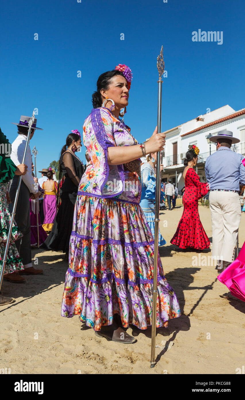 Women wearing colourful gypsy dresses, Pentecost pilgrimage of El Rocio ...
