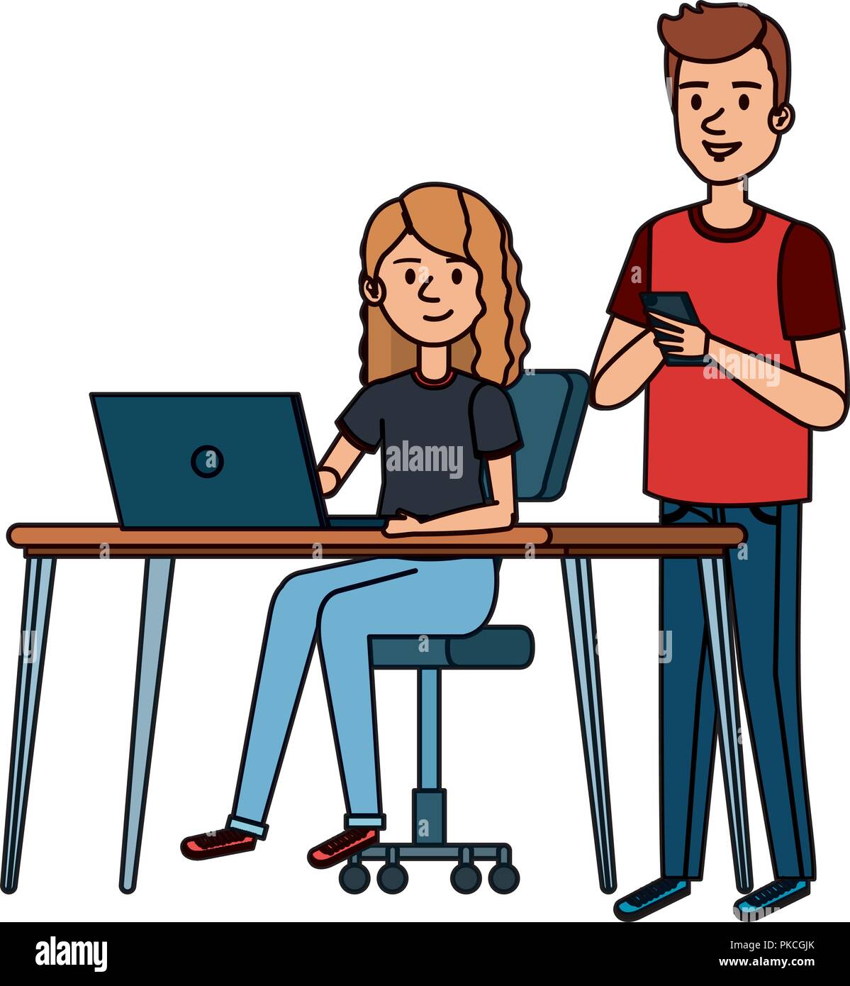 young woman at desk with laptop and companions Stock Vector Image & Art ...