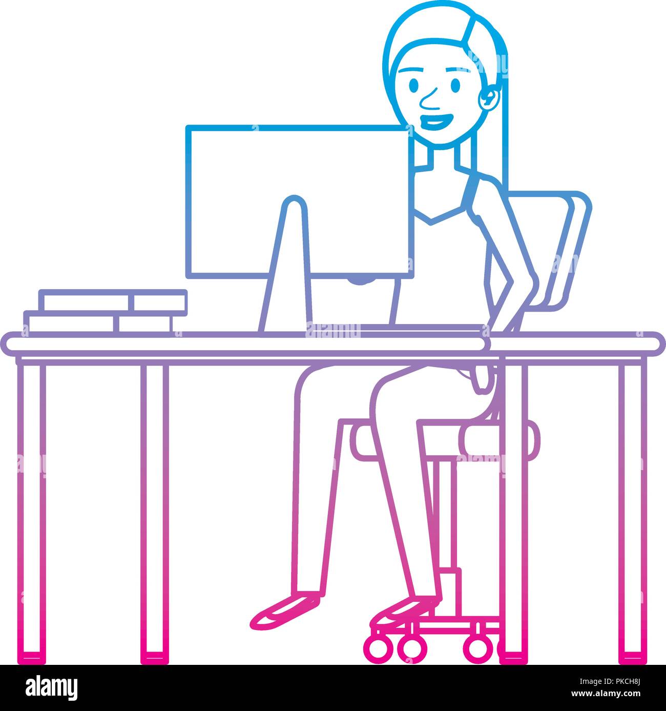 young woman at desk with desktop Stock Vector Image & Art - Alamy