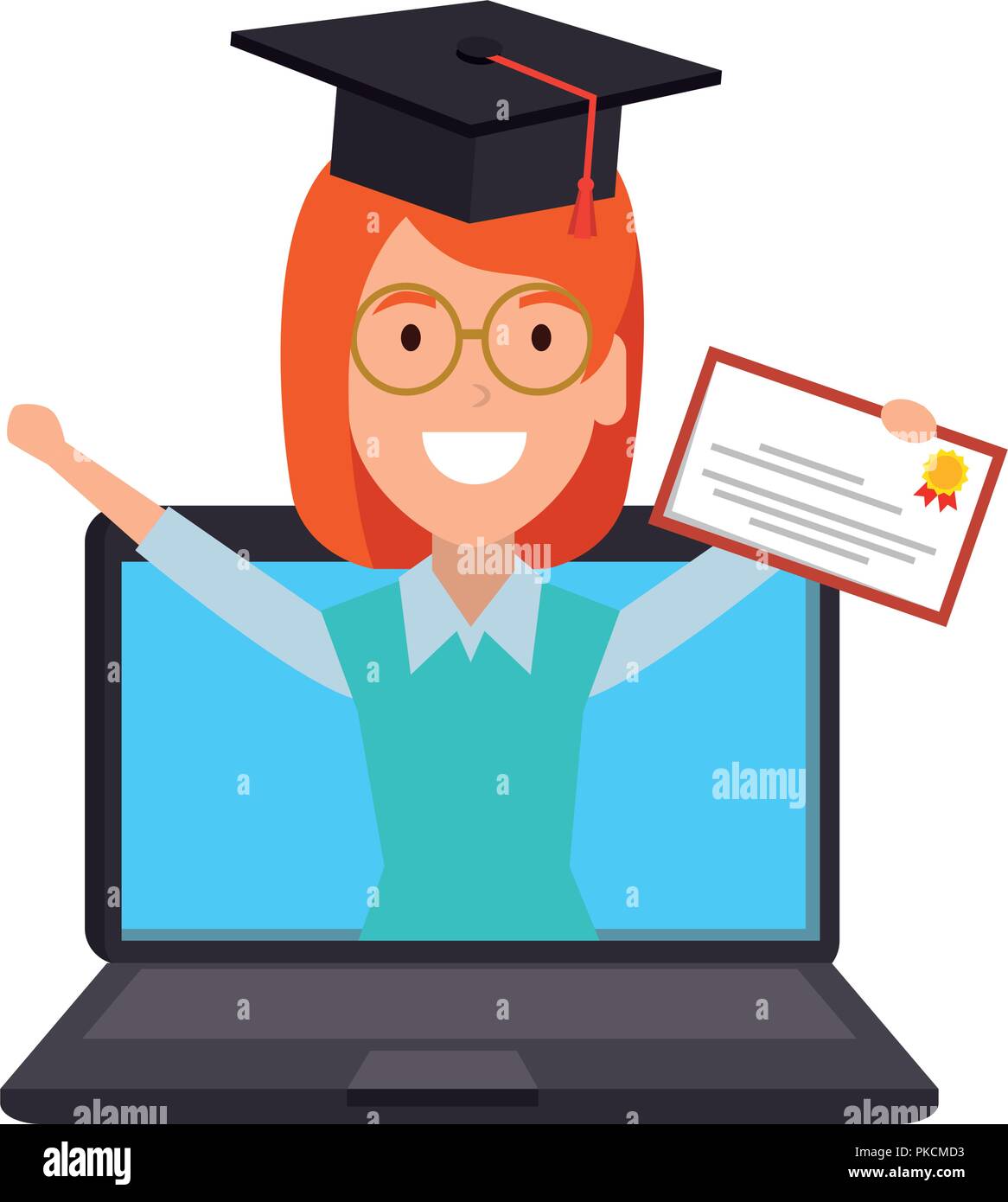 laptop with woman student and graduation diploma Stock Vector Image ...