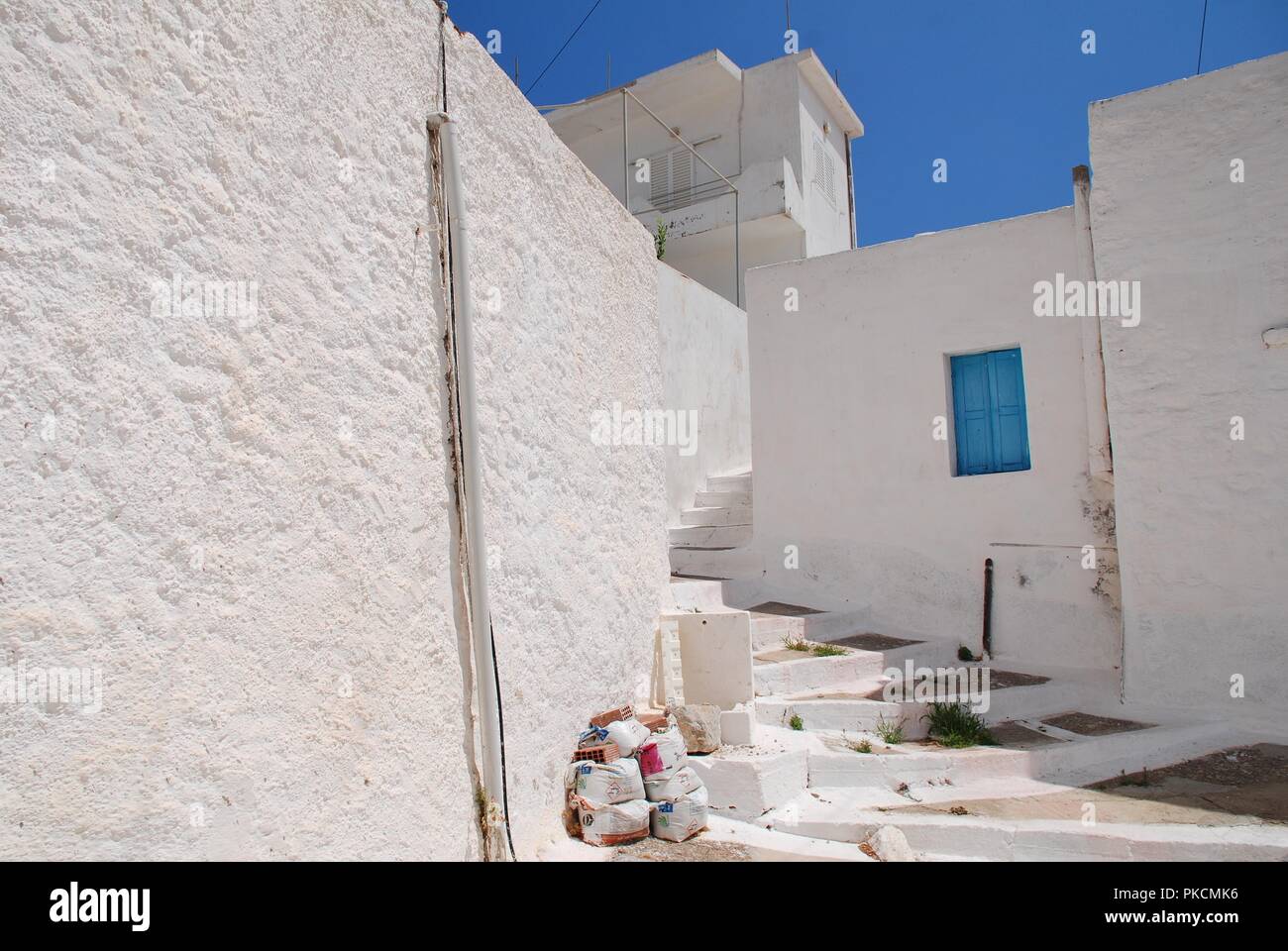 The whitewashed buildings of Megalo Chorio on the Greek island of Tilos ...