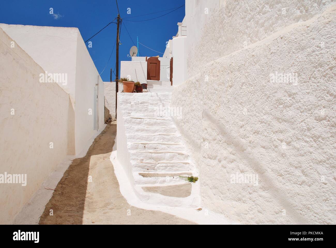 The whitewashed buildings of Megalo Chorio on the Greek island of Tilos ...