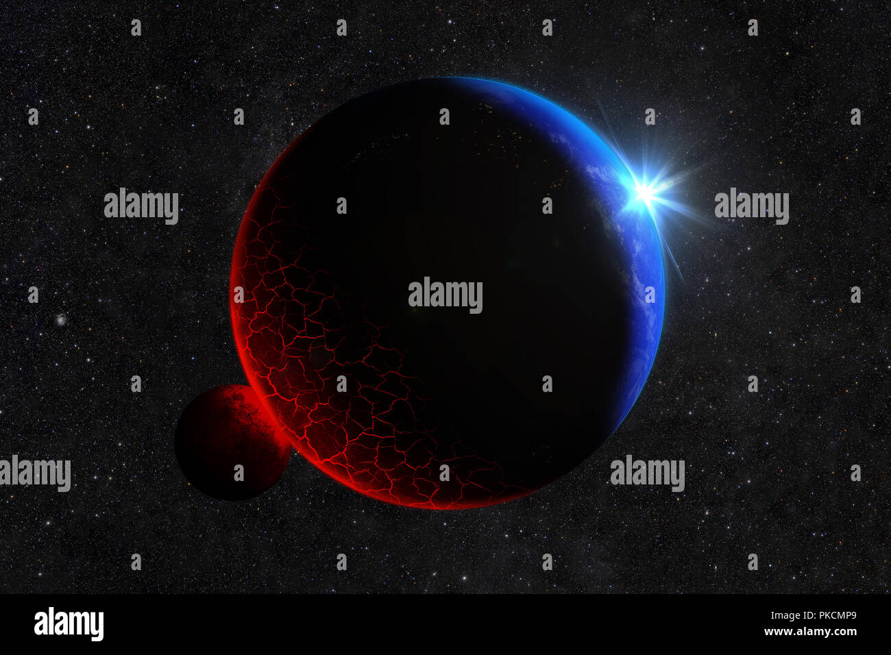 The meteorite hit the planet. Burning lava and cracks. Elements of this ...
