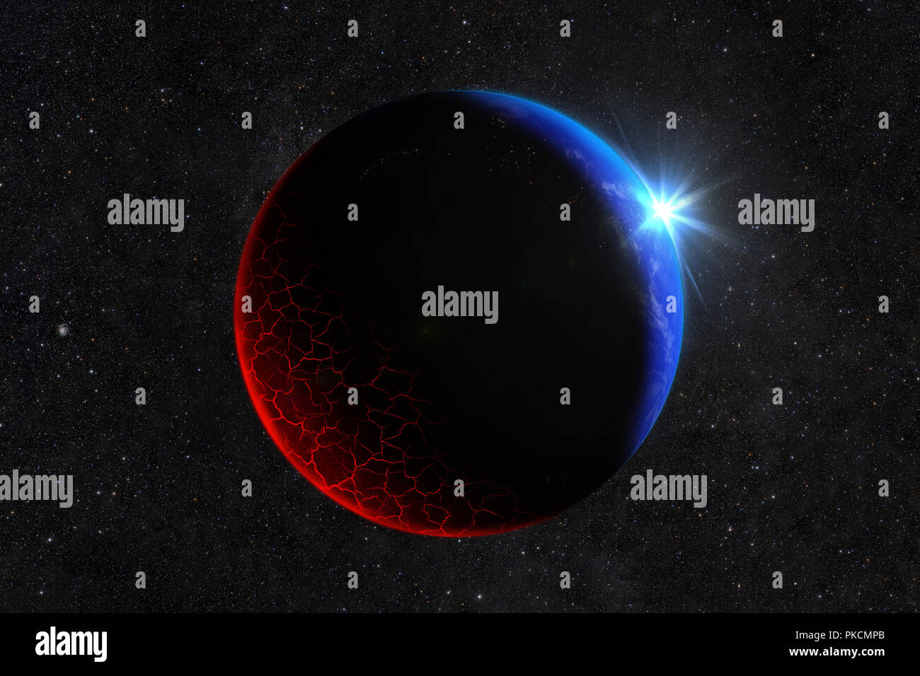 Extinct planet with burning lava and cracks. Blue sunrise. Elements of ...