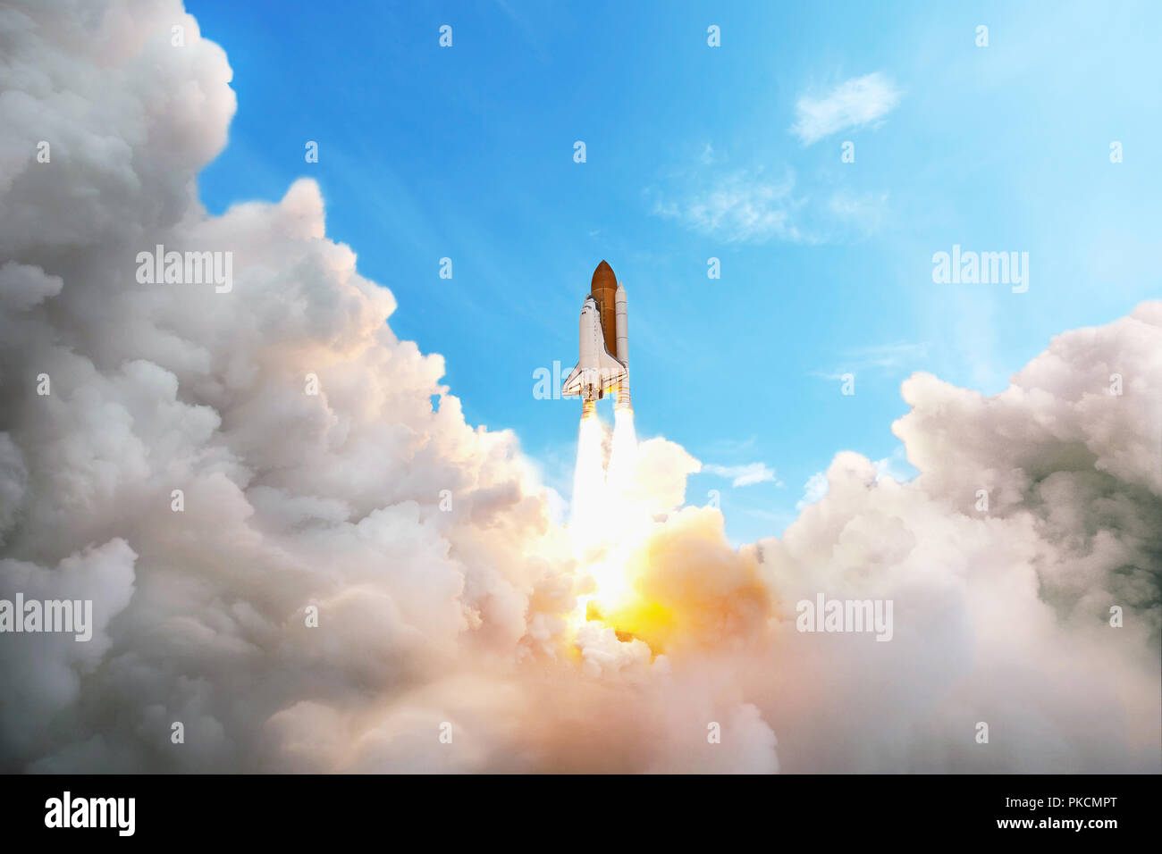 Space shuttle taking off on a mission. Spaceship flying in the sky ...