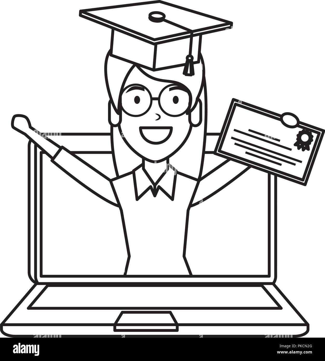 laptop with woman student and graduation diploma Stock Vector Image ...