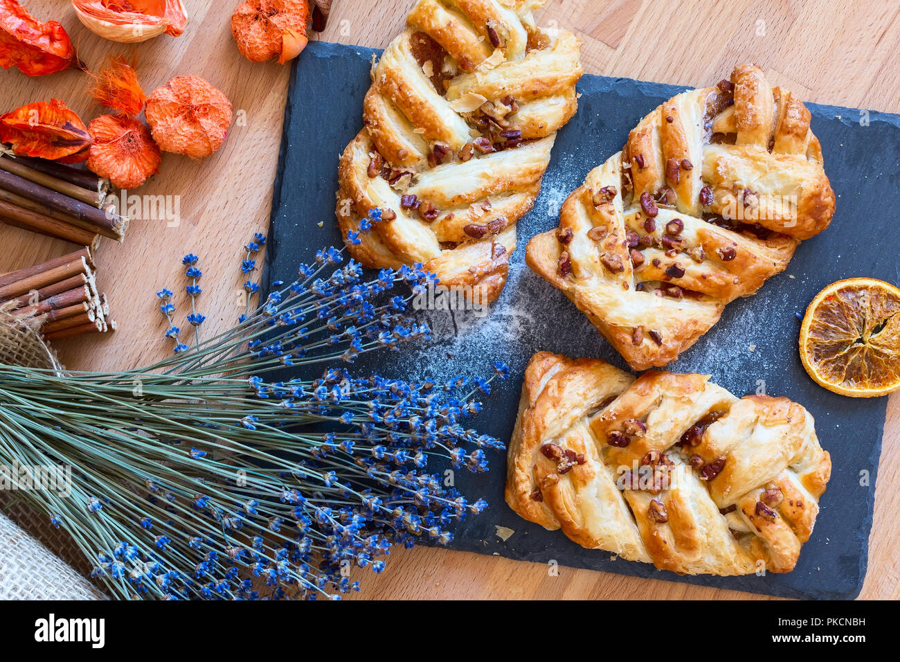 marple and pecan plait pastry sweet food breakfast with lavender flower ...
