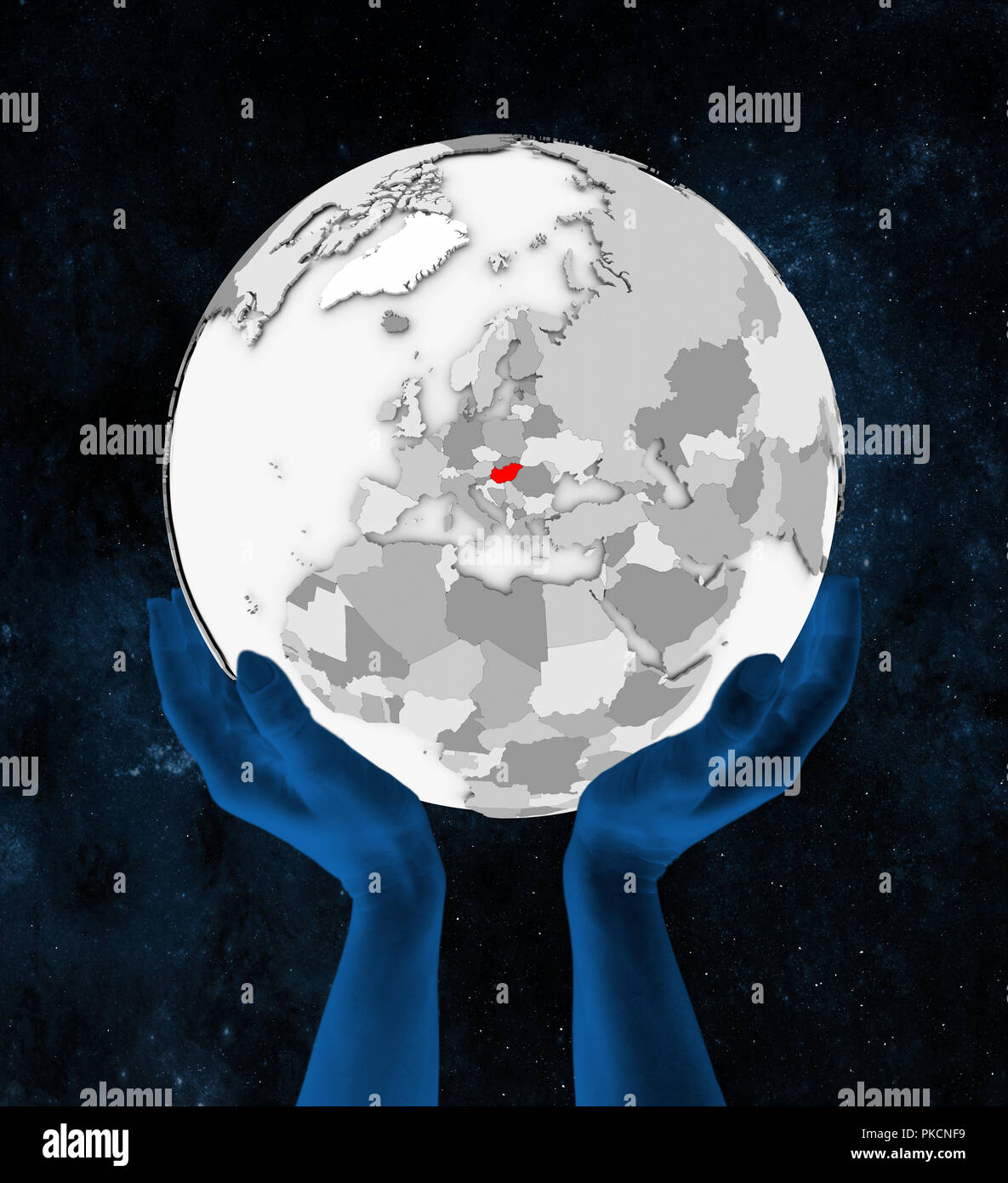 Hungary In red on white globe held in hands in space. 3D illustration ...
