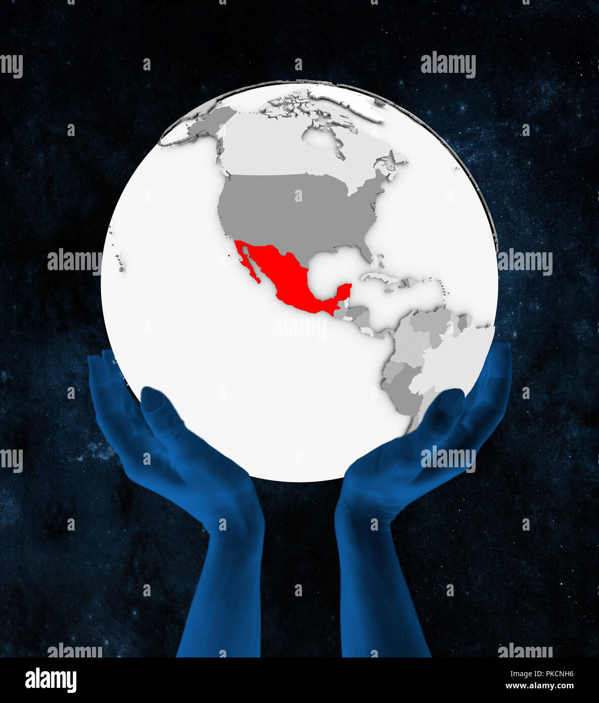 Mexico In red on white globe held in hands in space. 3D illustration ...
