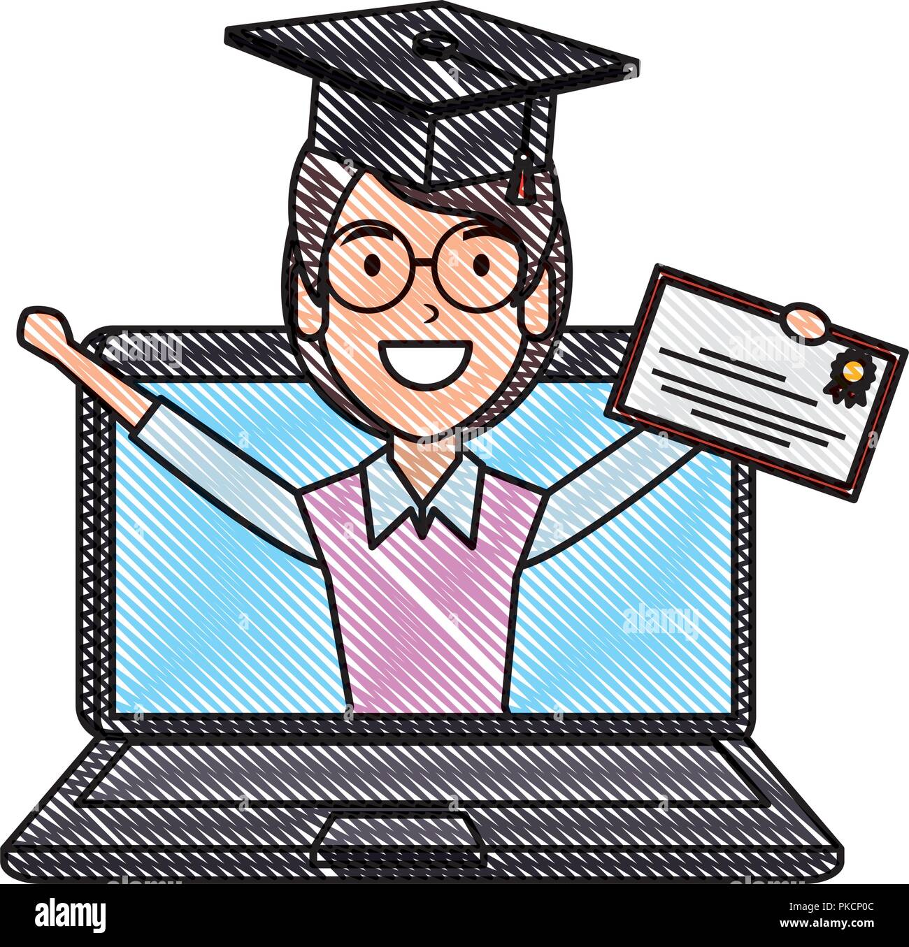 laptop with woman student and graduation diploma Stock Vector Image ...