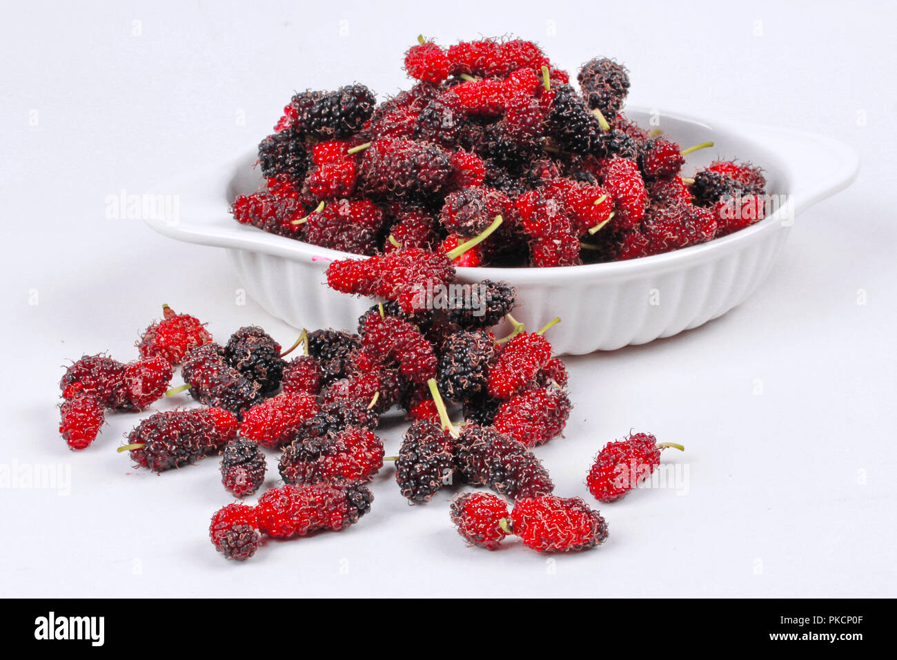 Fresh black and red ripe mulberries keep from the garden on white ...
