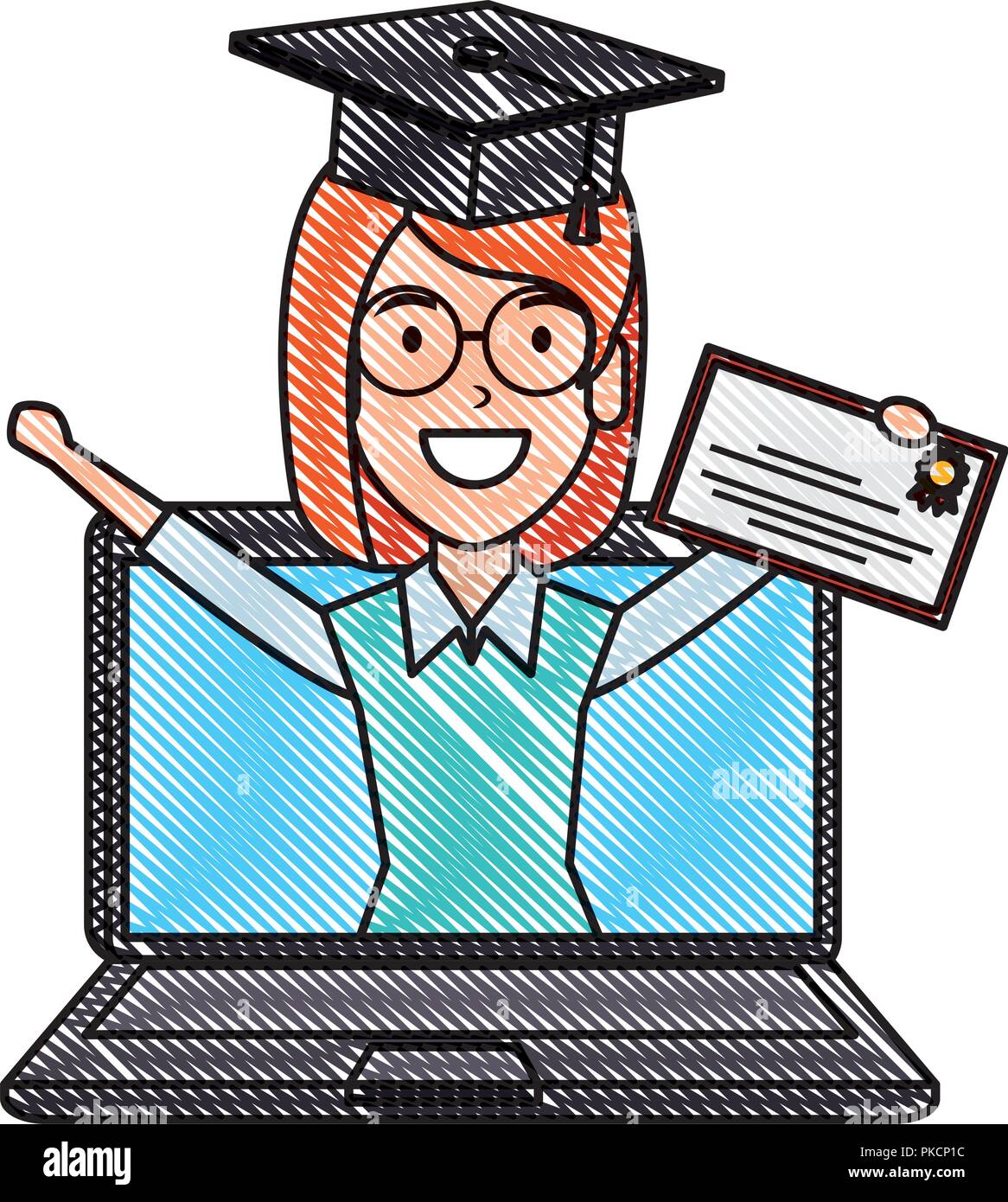 laptop with woman student and graduation diploma Stock Vector Image ...