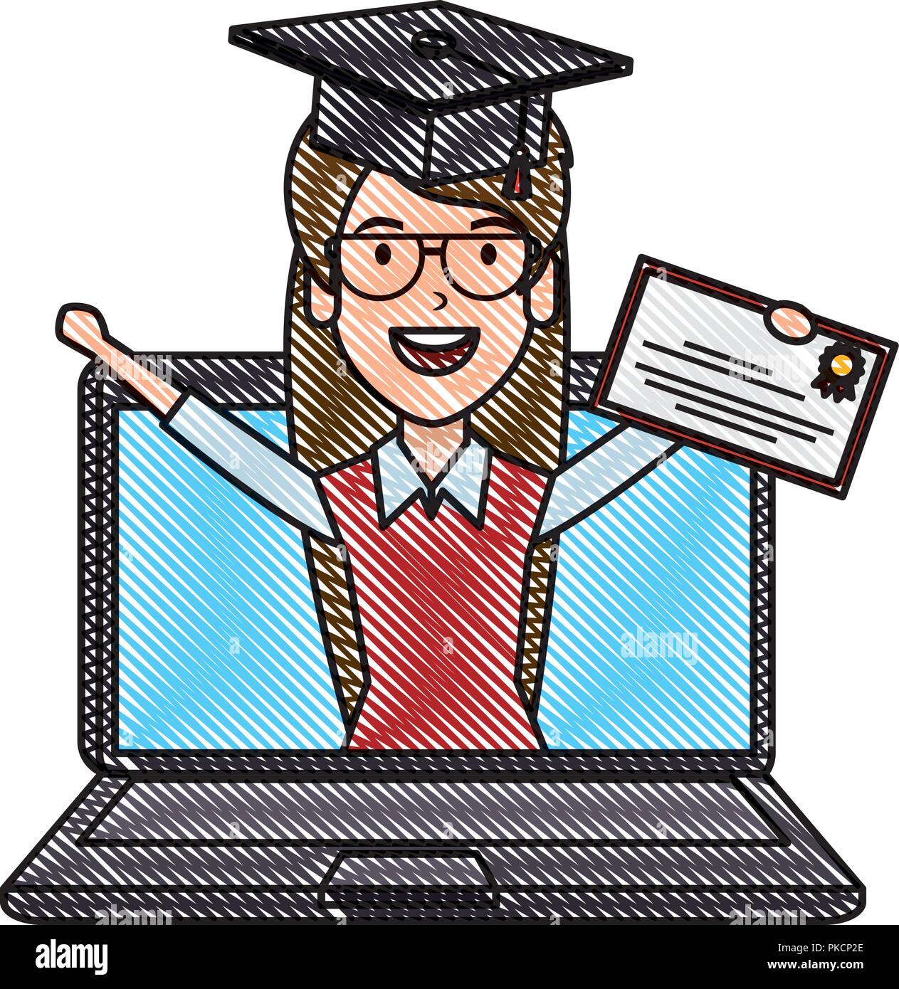 laptop with woman student and graduation diploma Stock Vector Image ...