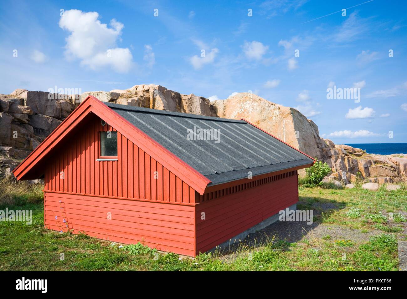 Small wooden cottage at the seaside, Sandvig, Bornholm, Denmark Stock ...