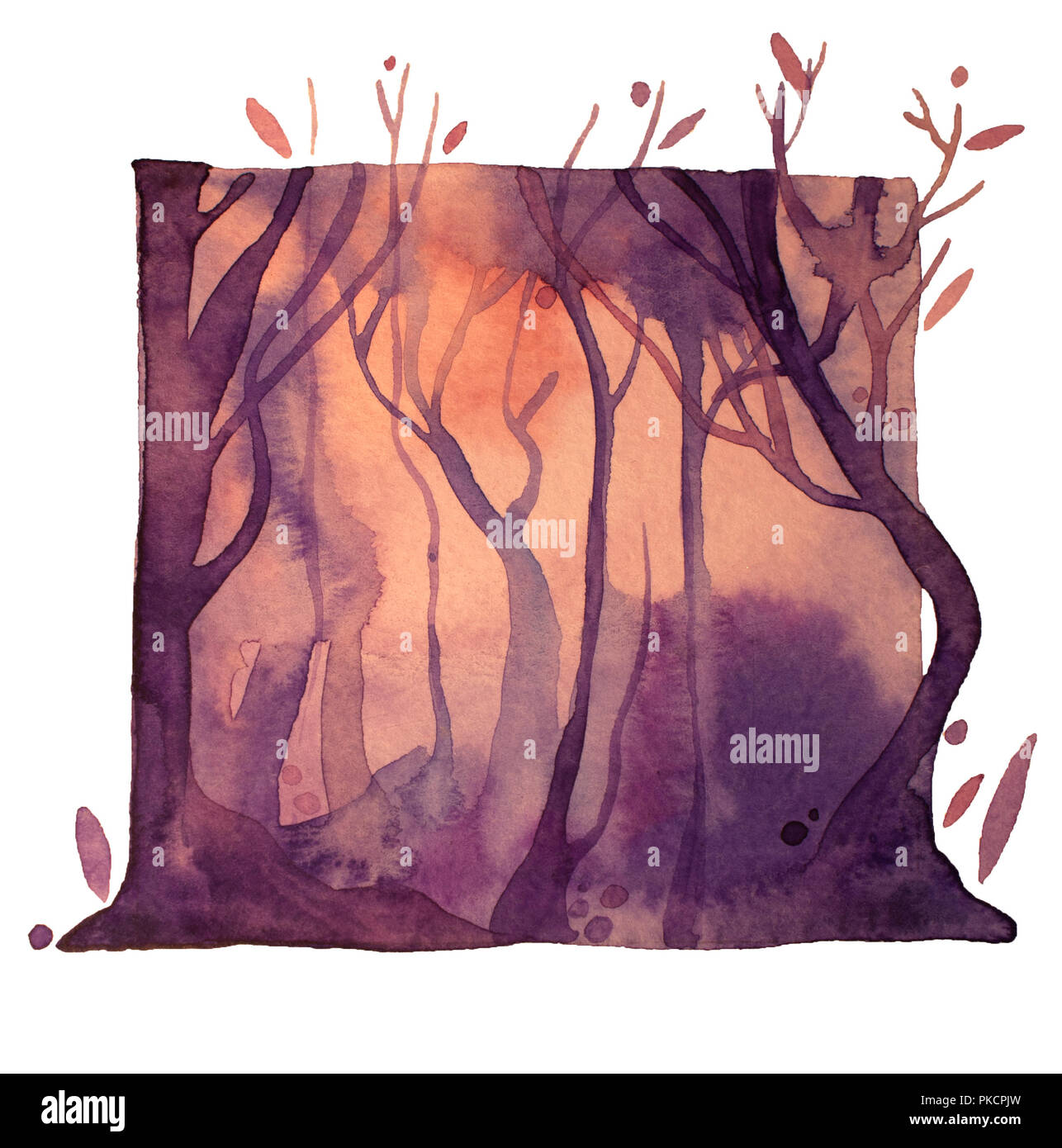 Watercolor violet mystic magic forest, isolated deep violet woods ...