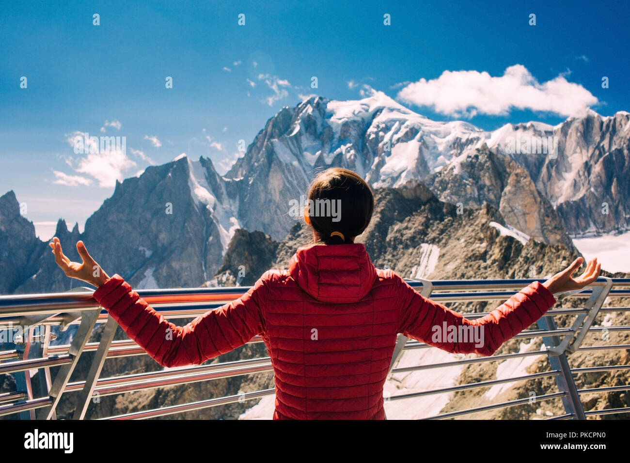 woman, tourist on the terrace Punta Helbronner in Courmayeur Italy ...