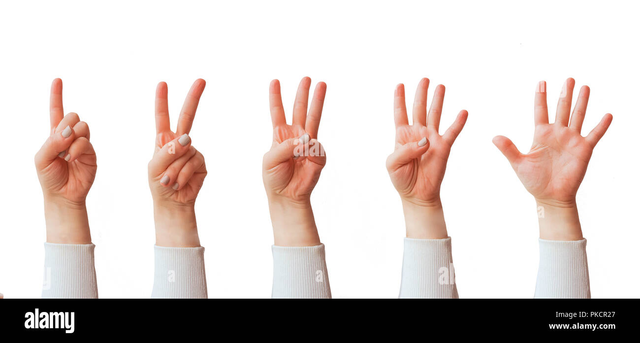 Multiple female caucasian hand gestures isolated over the white ...