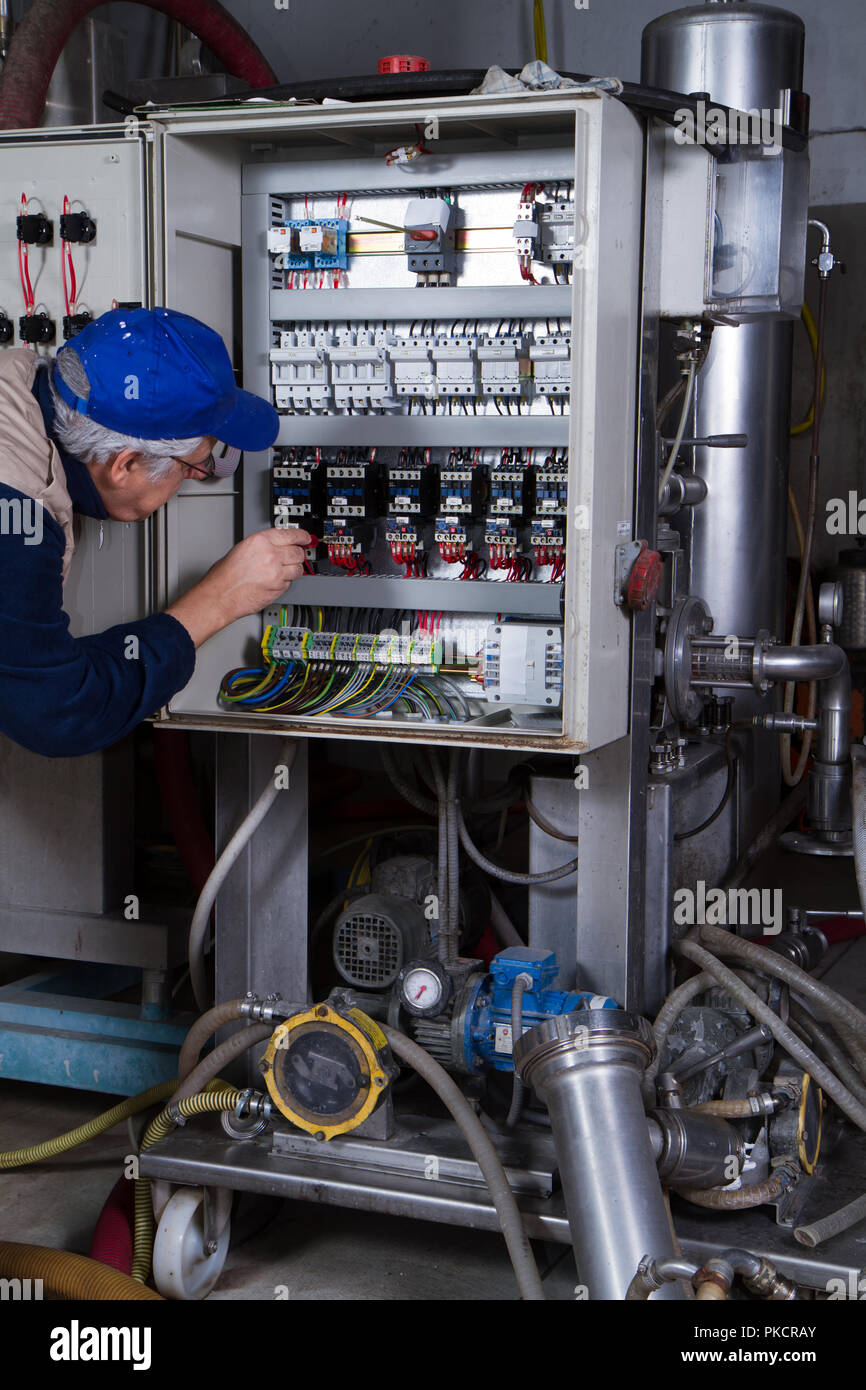 electrician at work with an electric panel Stock Photo - Alamy