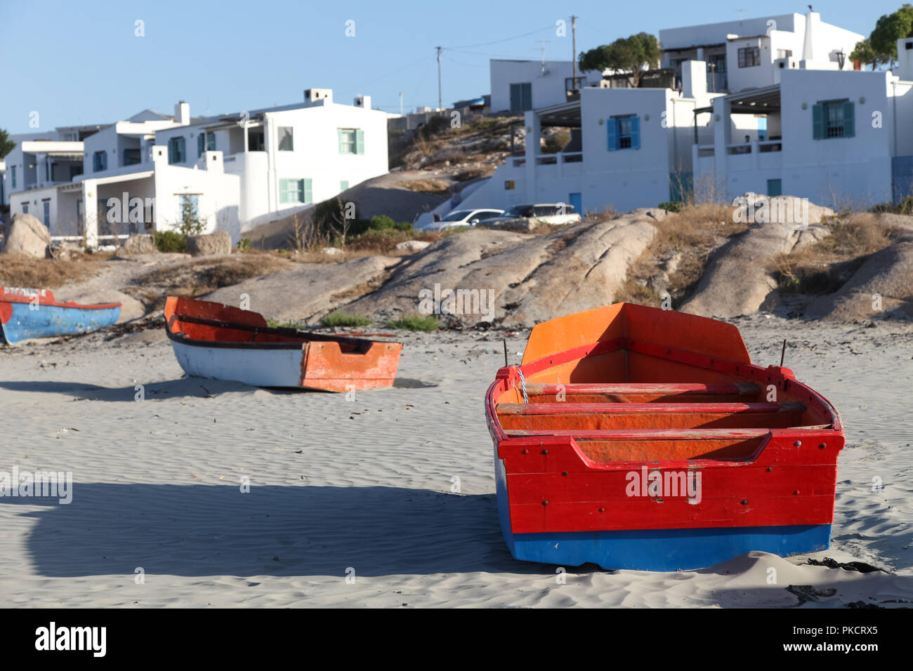 Colourful fishing boats on beach at Paternoster, small fishing village ...