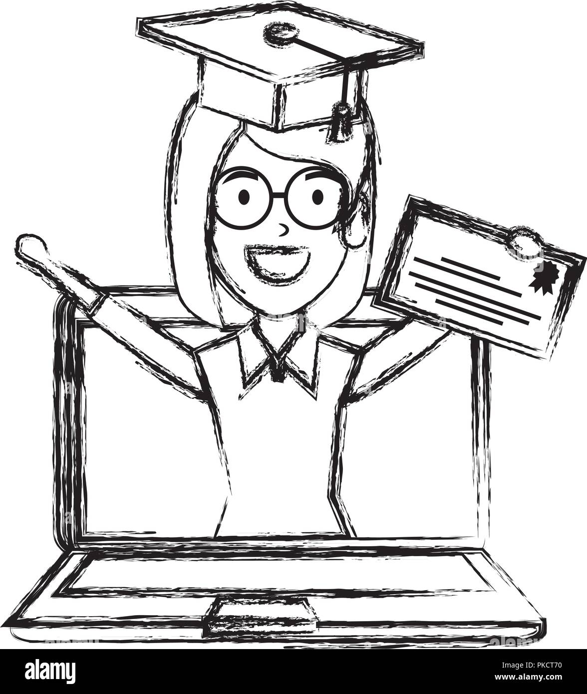 laptop with woman student and graduation diploma Stock Vector Image ...