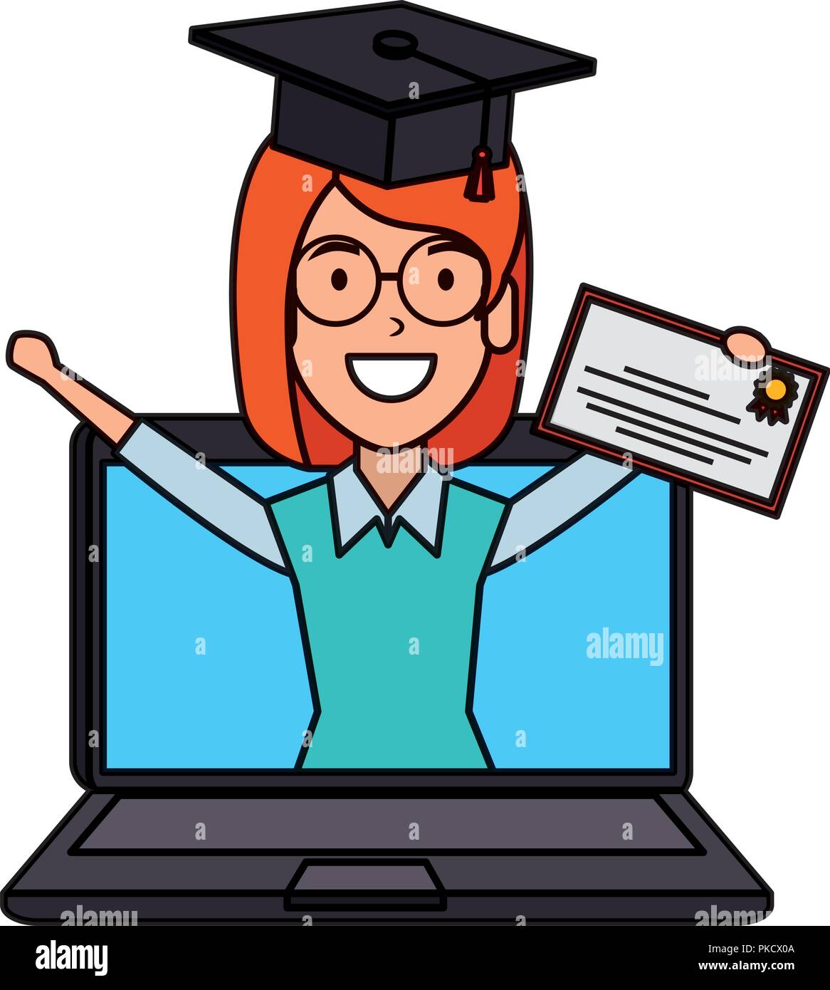 laptop with woman student and graduation diploma Stock Vector Image ...