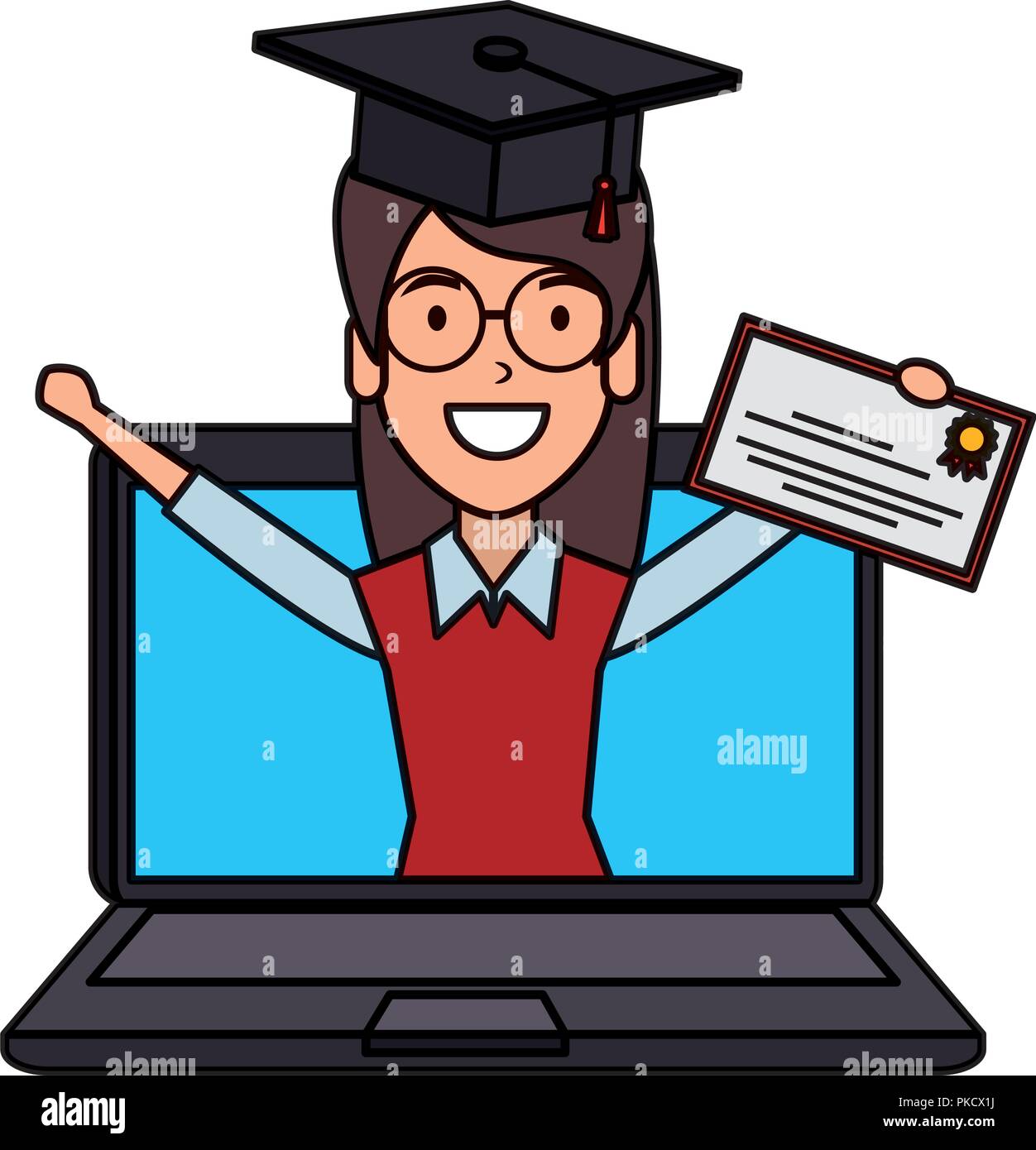 laptop with woman student and graduation diploma Stock Vector Image ...