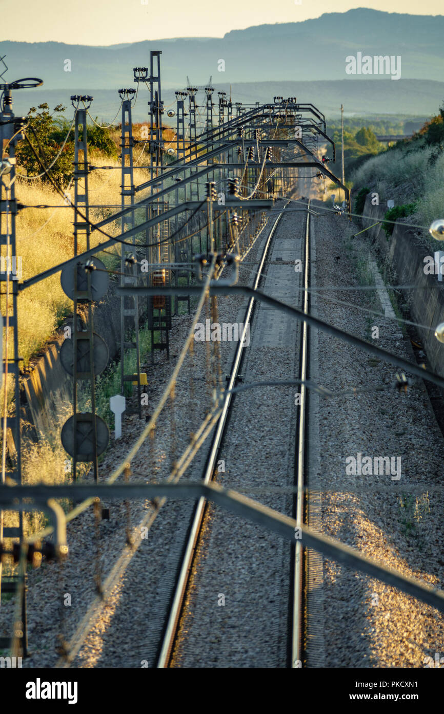 Top view of train line with many cables, vertical composition Stock ...