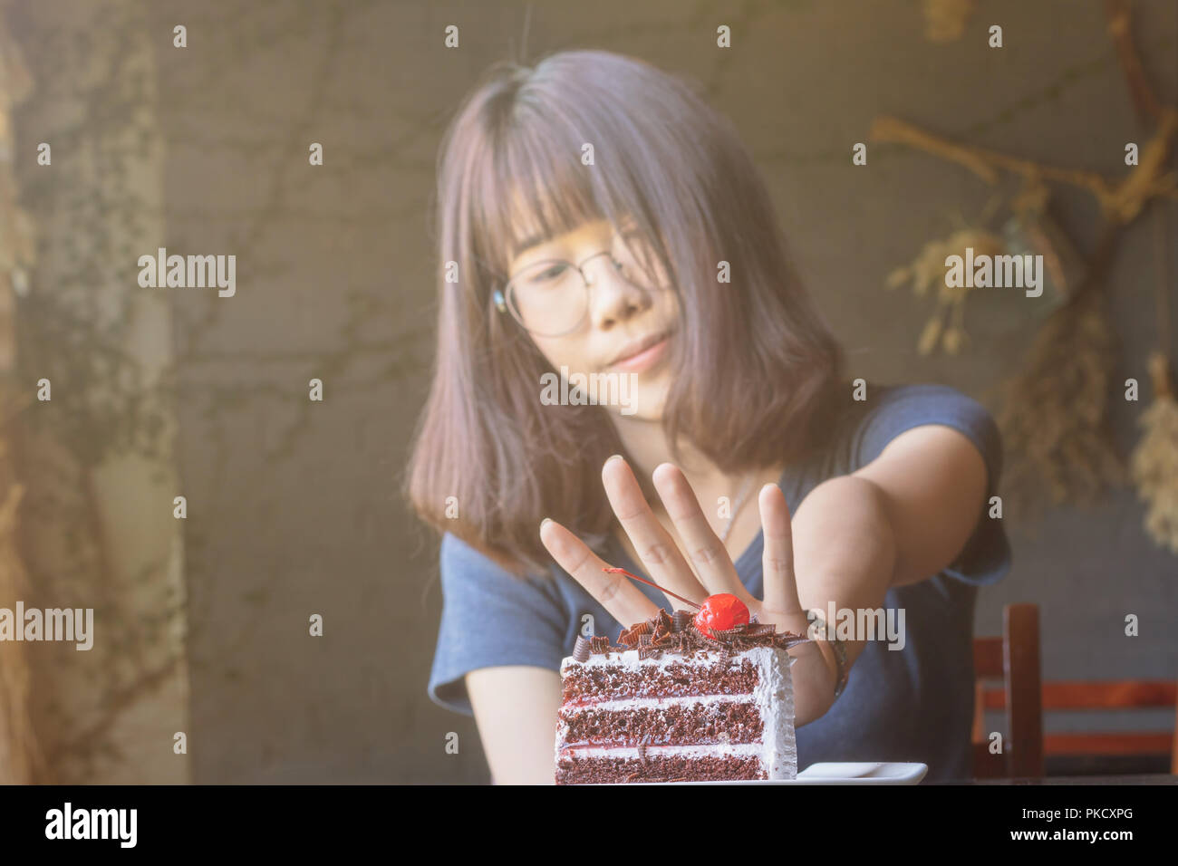 beautiful asian women stop eating in time weight control with diet food ...