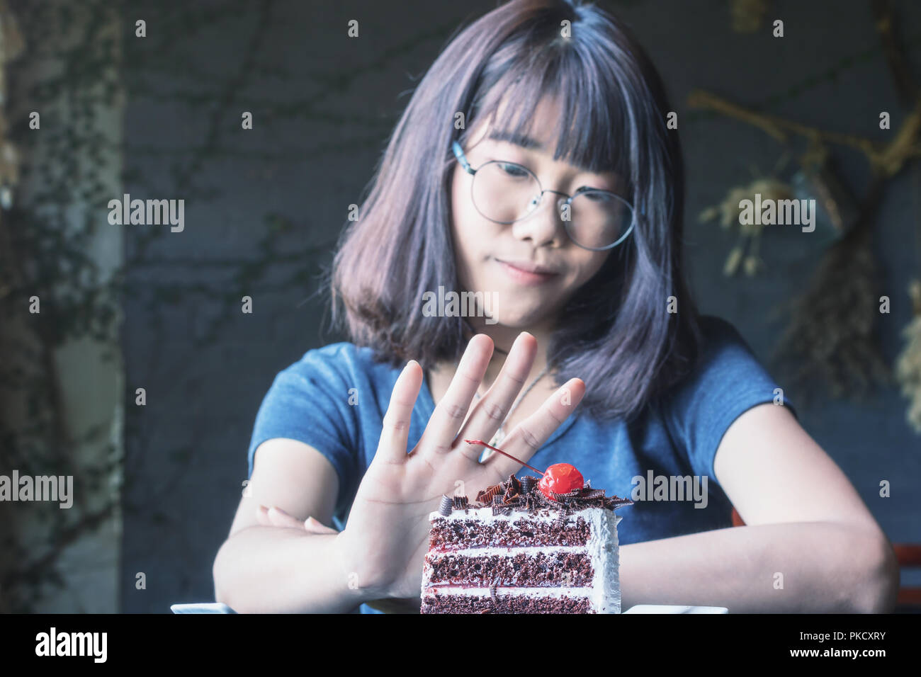 beautiful asian women stop eating in time weight control with diet food ...