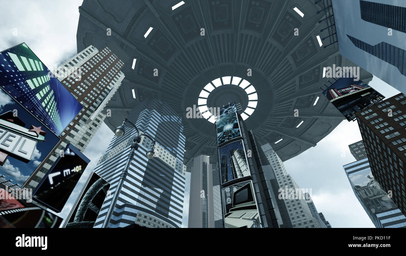 Alien UFO above apocalyptic Time Square New York Manhattan. 3D ...